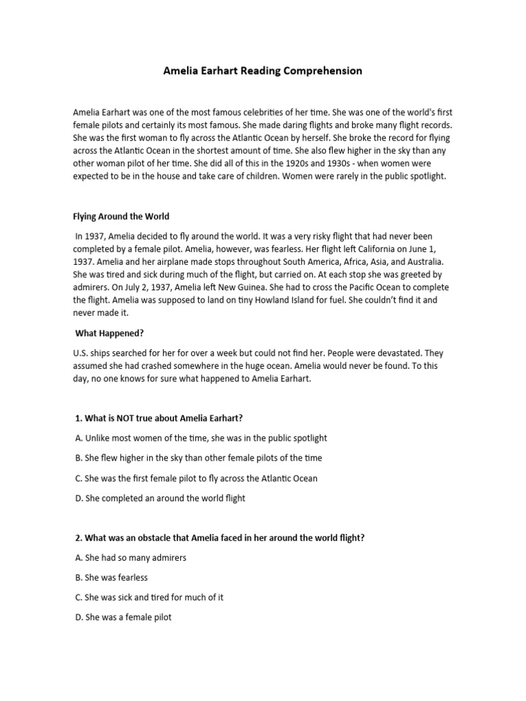 Amelia Earhart Reading Comprehension | PDF | Transport | Aviation
