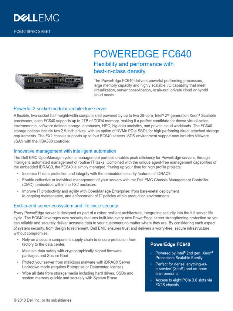 Dell EMC PowerEdge Modular - Servers - (Blade) FC640 Spec Sheet | Download Free PDF | Solid ...