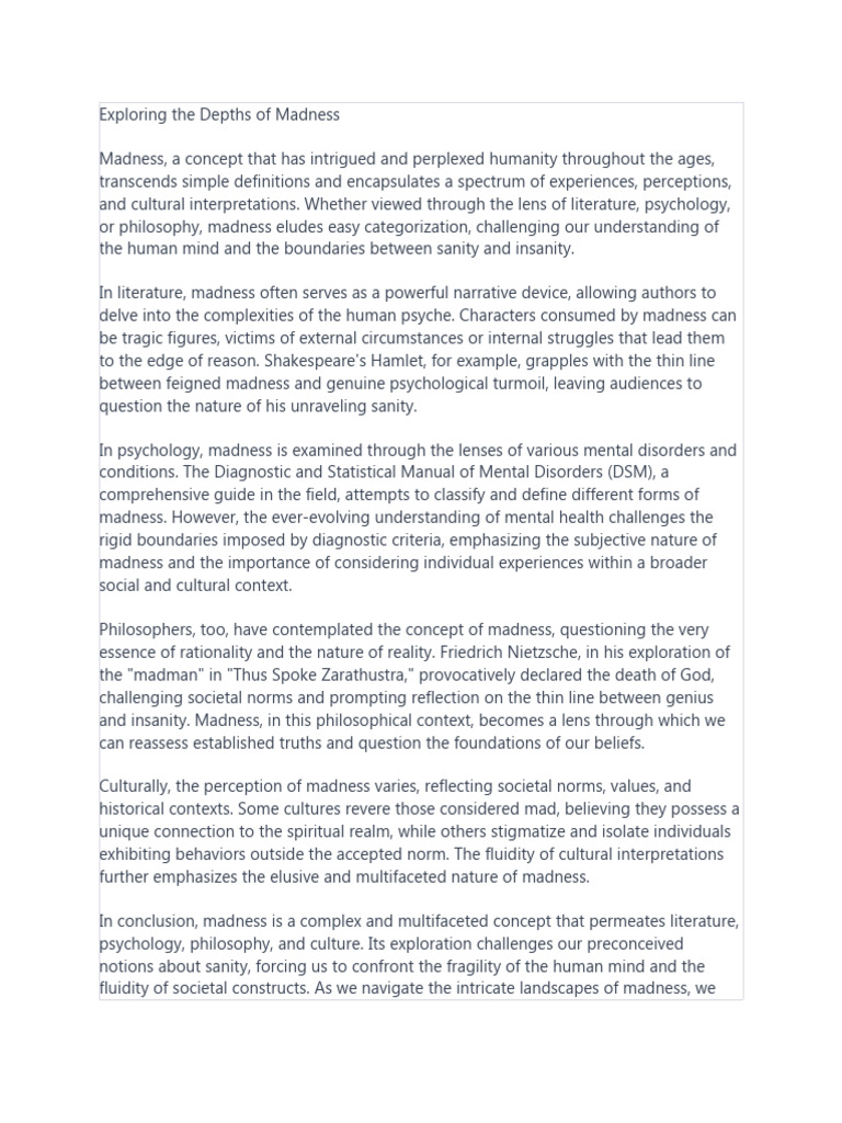 Understanding Madness: A Multifaceted Exploration | PDF | Mental ...