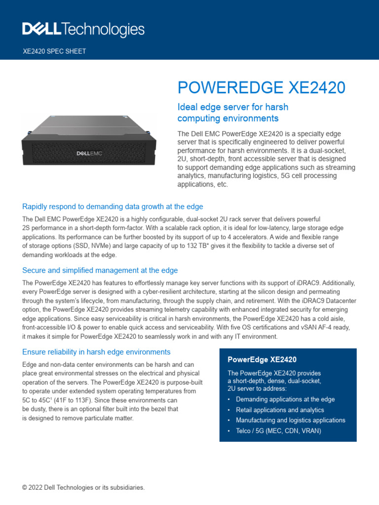 Dell EMC PowerEdge Specialized Servers XE2420 Spec Sheet | PDF