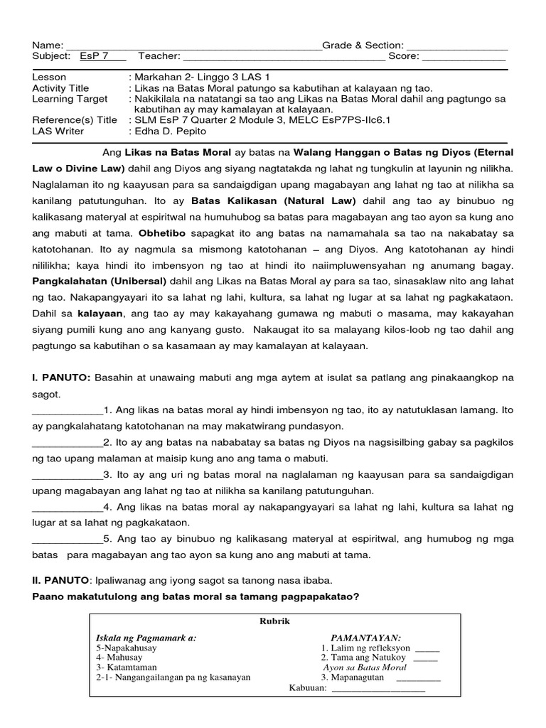 Esp 7 Q2 Week 3 Las 1 | PDF