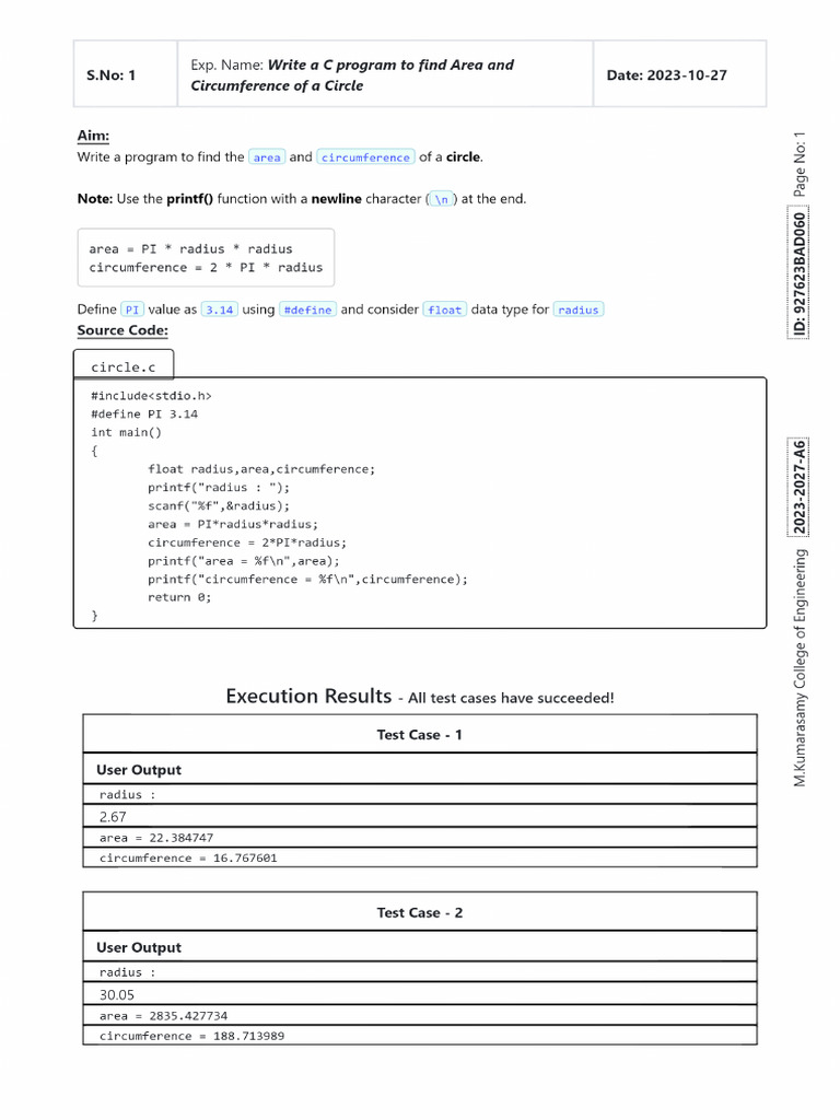 927623BAD060 C Programming L Lab Record 2023 11 20 | PDF