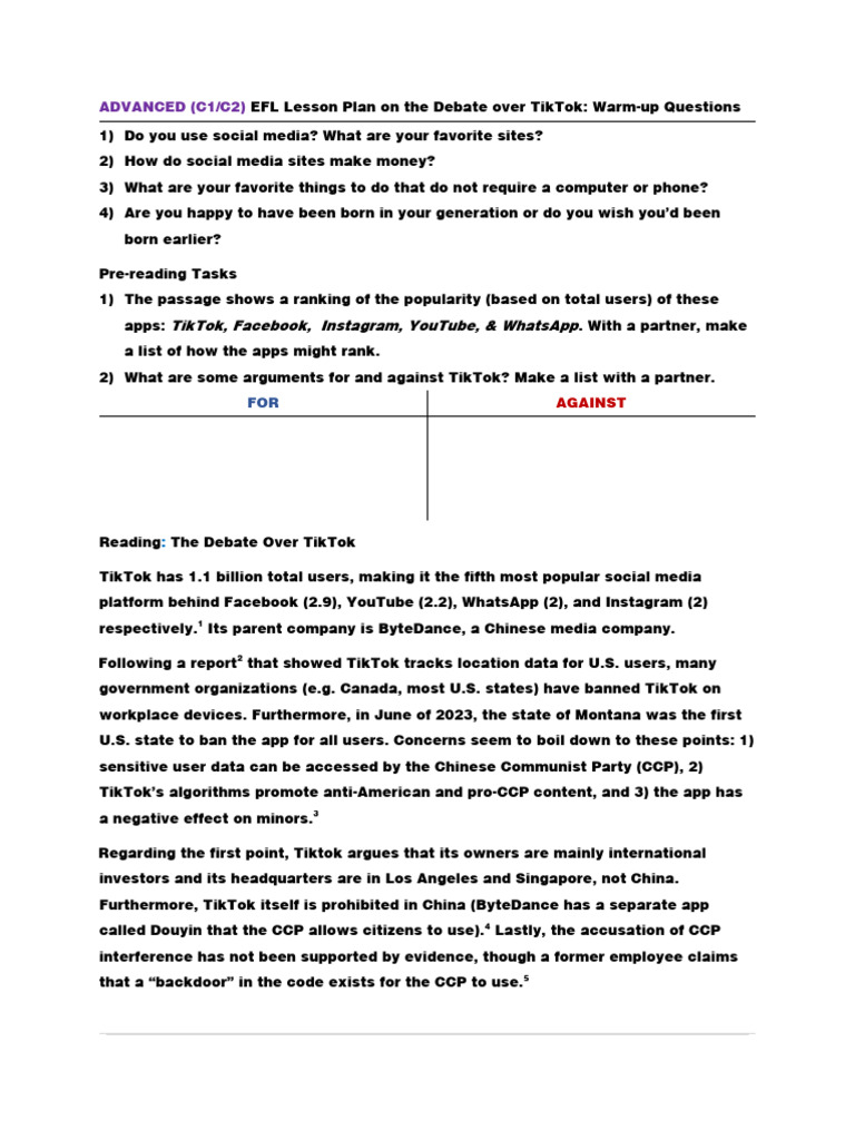 TikTok Debate Lesson Plan for EFL | PDF | Social Media | Popular ...