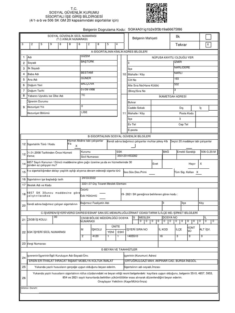 Sgk 4a Ise Giris Bildirgesi Pdf