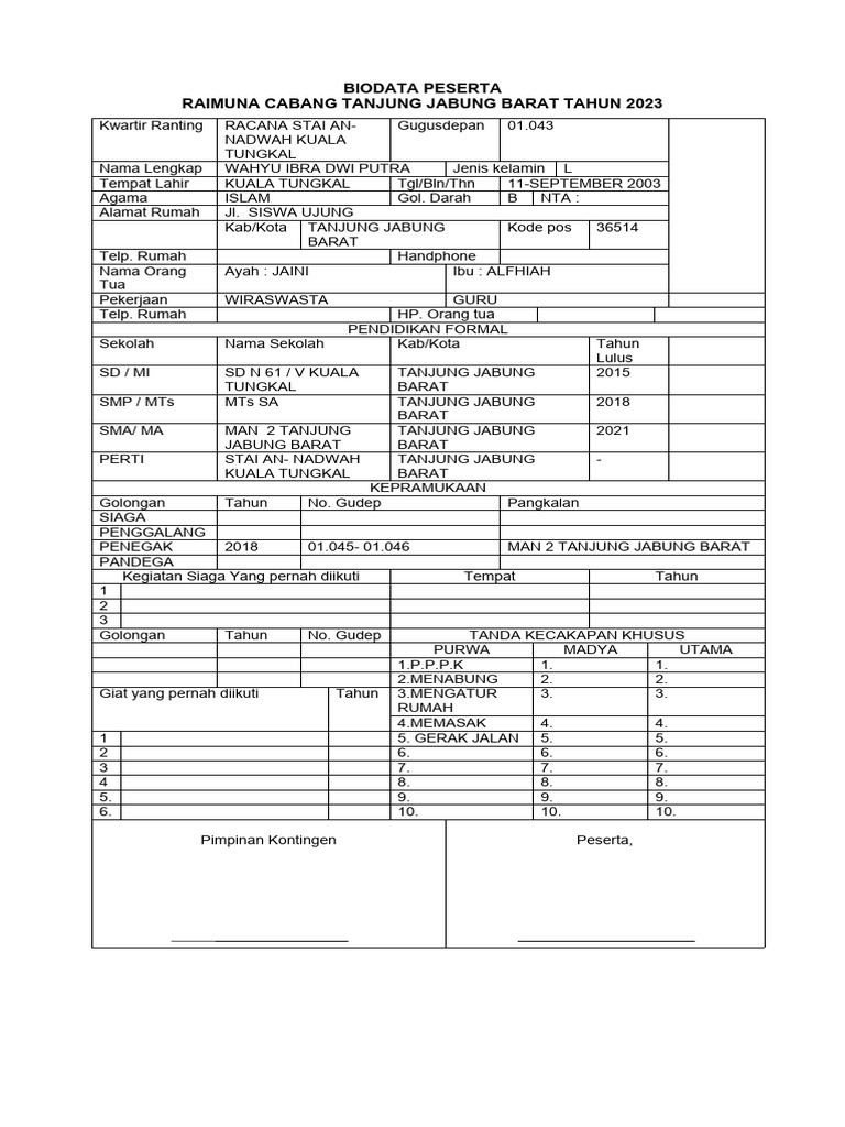 Biodata Peserta Raimuna | PDF