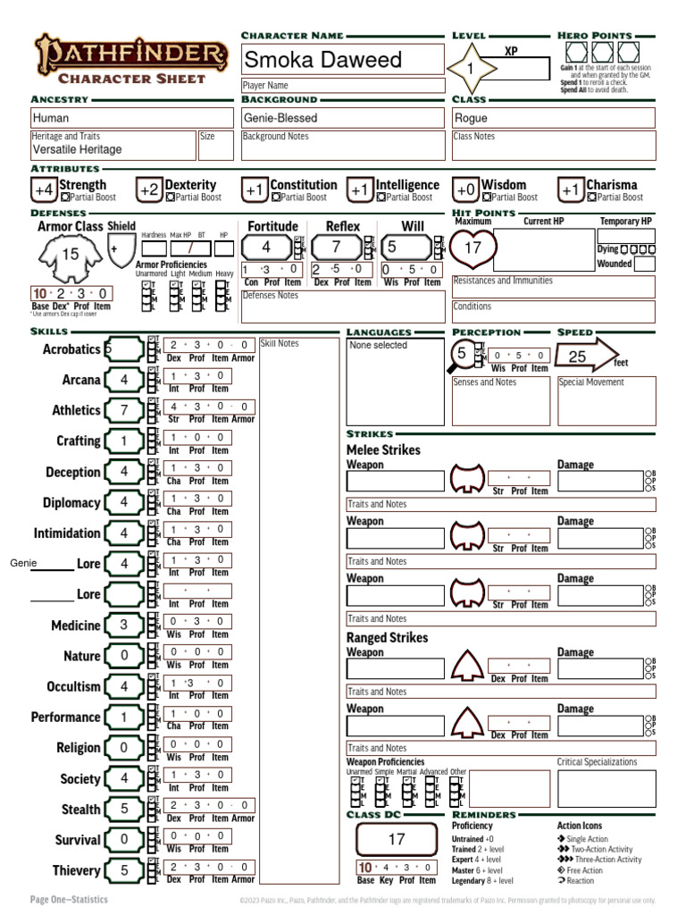 Pathfinder 2nd - Character Rogue Sheet | PDF | D20 System | Role ...