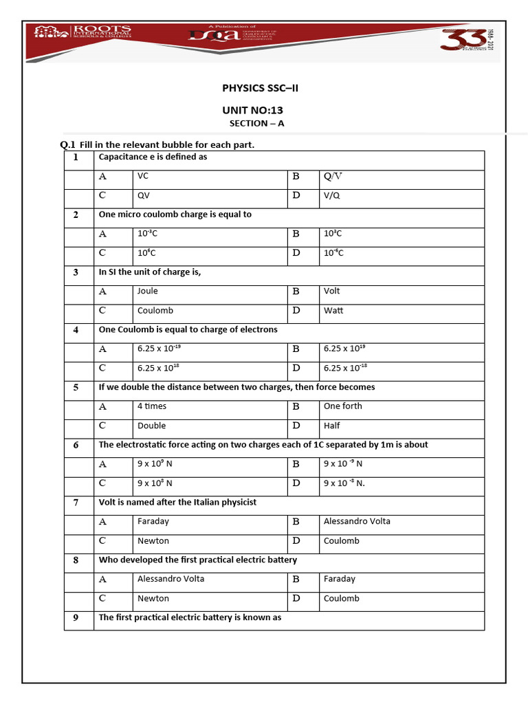 Physics Mcqs Unit 13 | PDF | Electric Field | Electric Charge