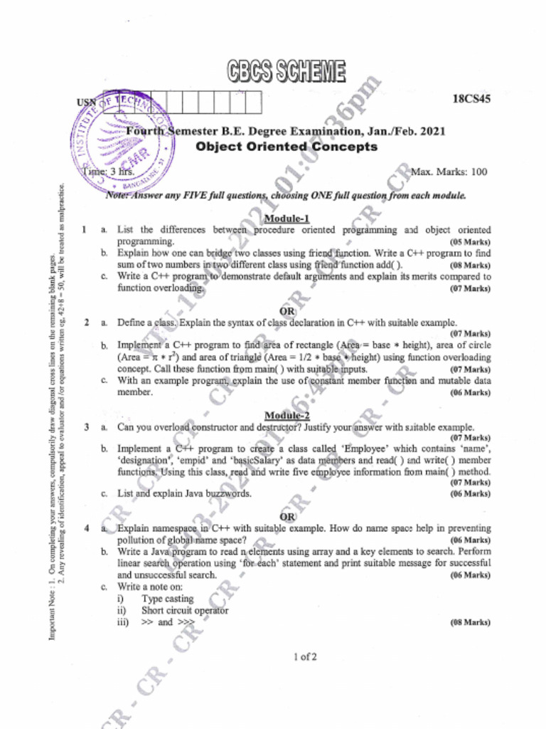 VTU Question Paper of 18CS45 Object Oriented Concepts Jan-2021 | PDF