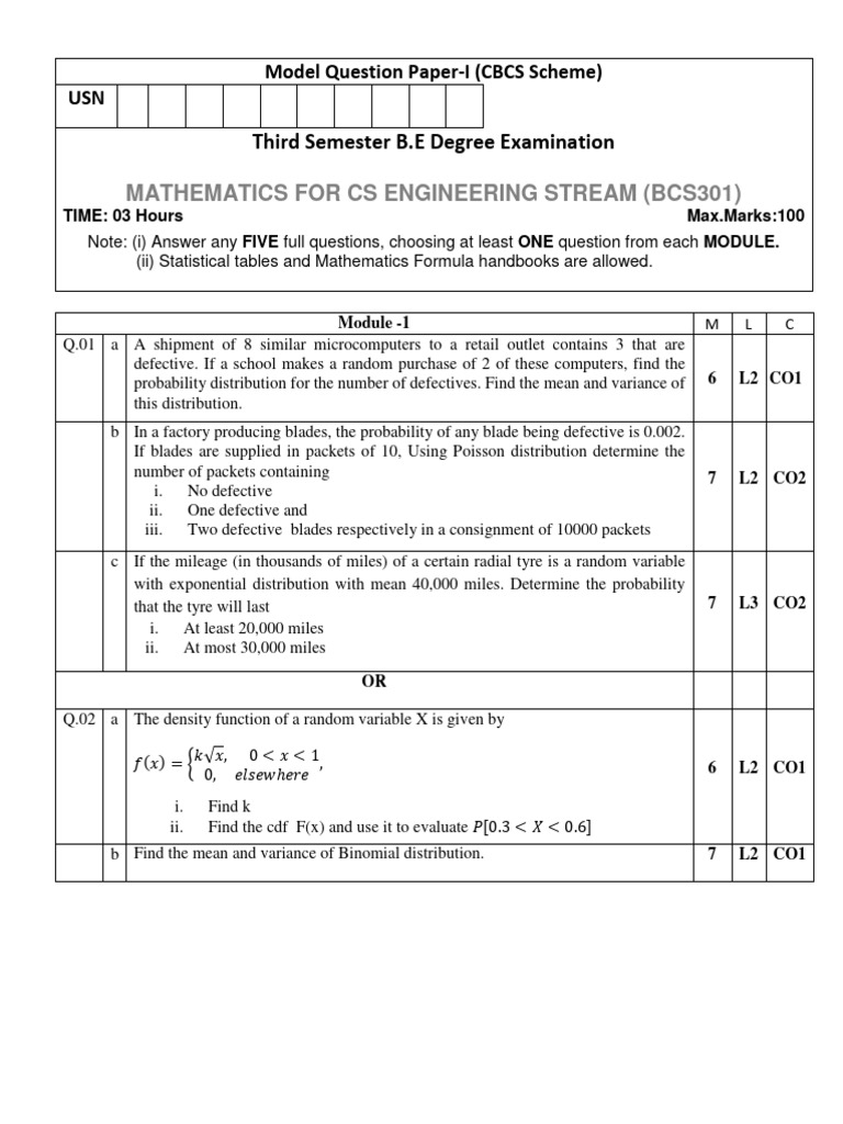 BCS301 Mathematics Model Question Paper 1 | PDF | Probability | Applied ...