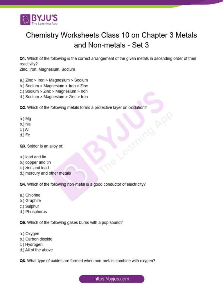Chapter 3 Metals and Non Metals Worksheet Questions Set 3.docx 1 ...