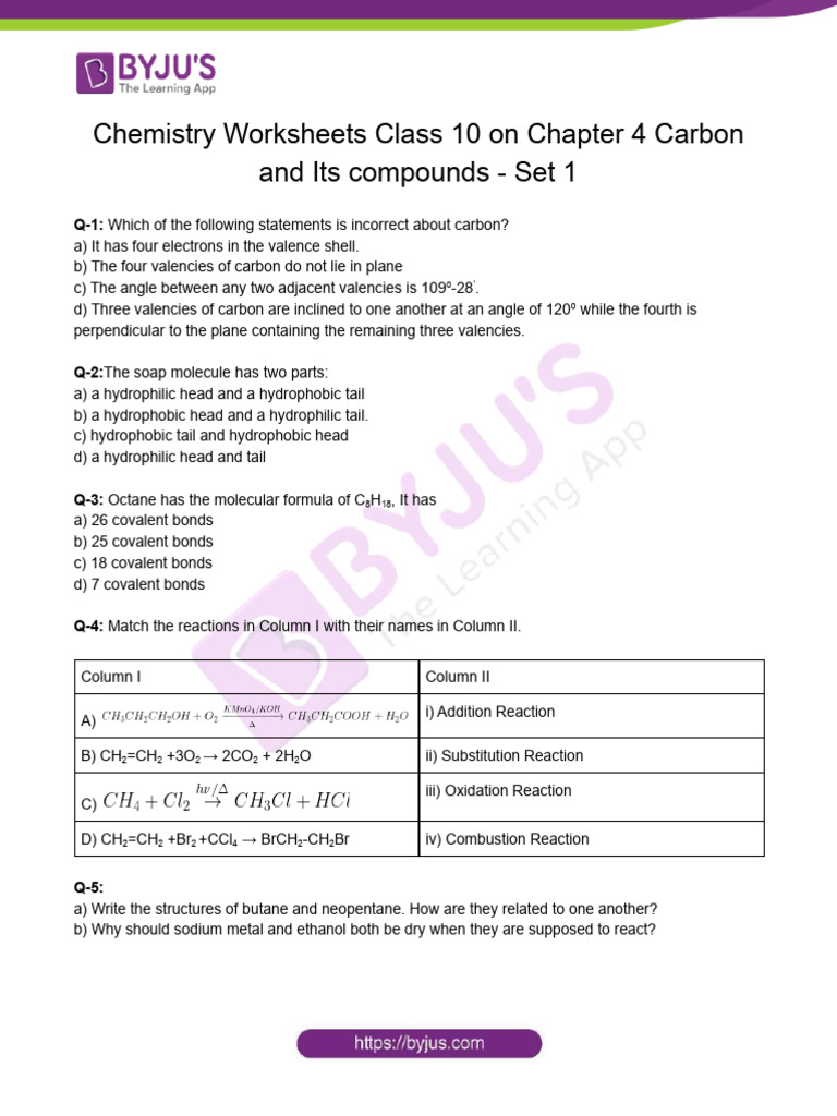 Chemistry Worksheets Class 10 On Chapter 4 Carbon and Its Compounds Set 1 | Download Free PDF ...
