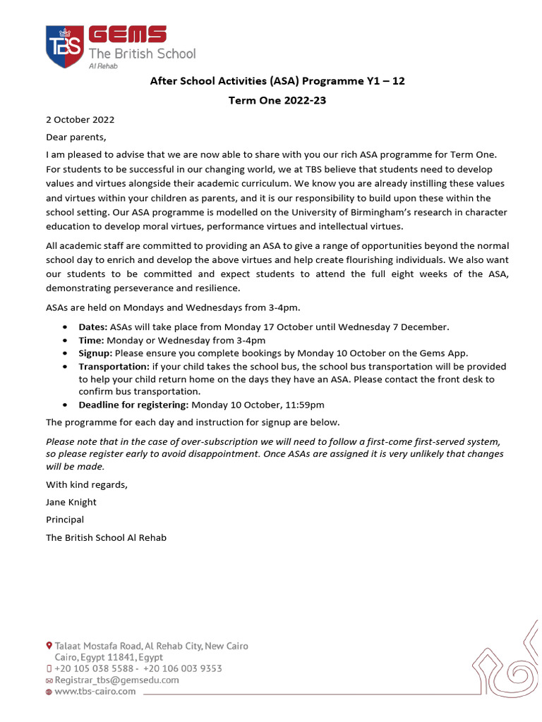 ASA Letter To Parents Oct 2022 | PDF