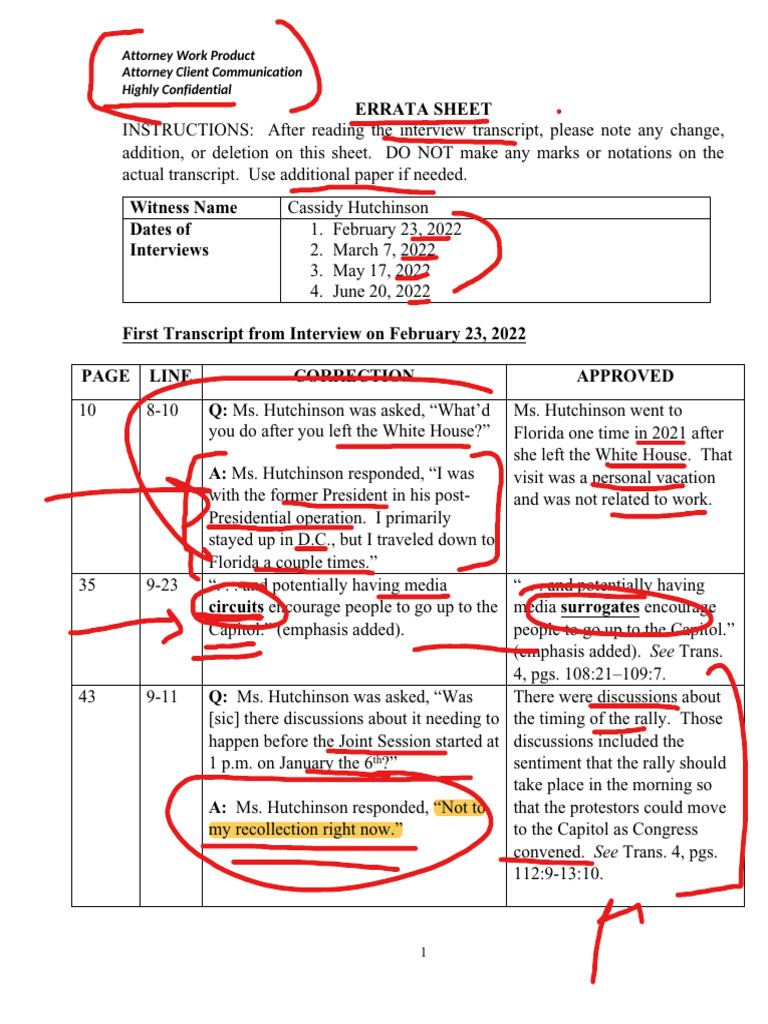 Cassidy Hutchinson Interview Errata Sheet | PDF