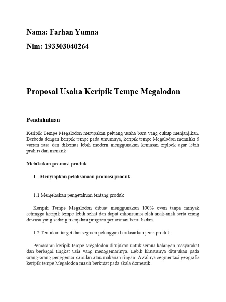Proposal Usaha Keripik Tempe Megalodon | PDF | Bisnis | Pengelolaan Keuangan & Uang