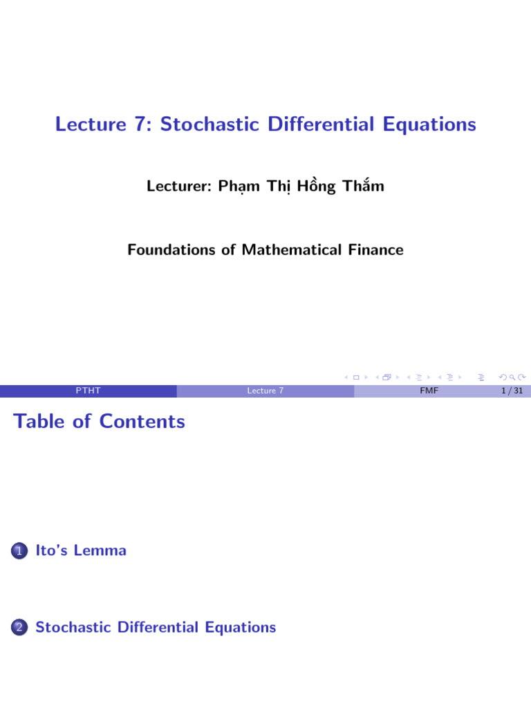 Lecture 7: Stochastic Differential Equations: Lecturer: Phạm Thị Hồng Thắm | PDF | Stochastic ...