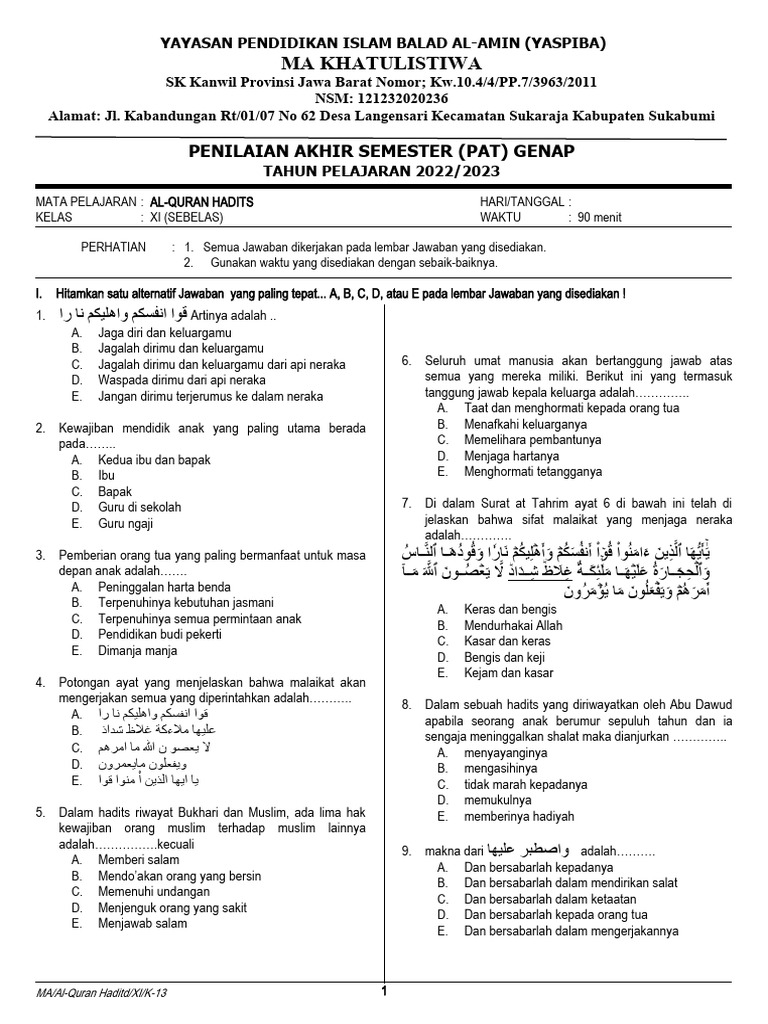 Soal PAT Kelas XI - Al-Quran Hadits (Semester Genap) | PDF
