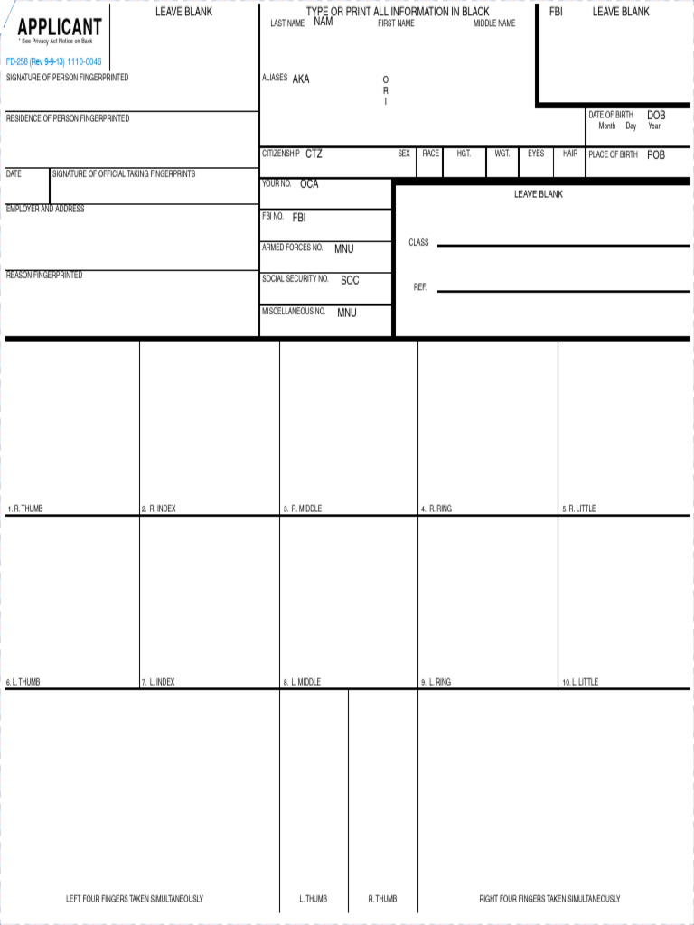 Standard Fingerprint Form Fd 258 1 2 Pdf