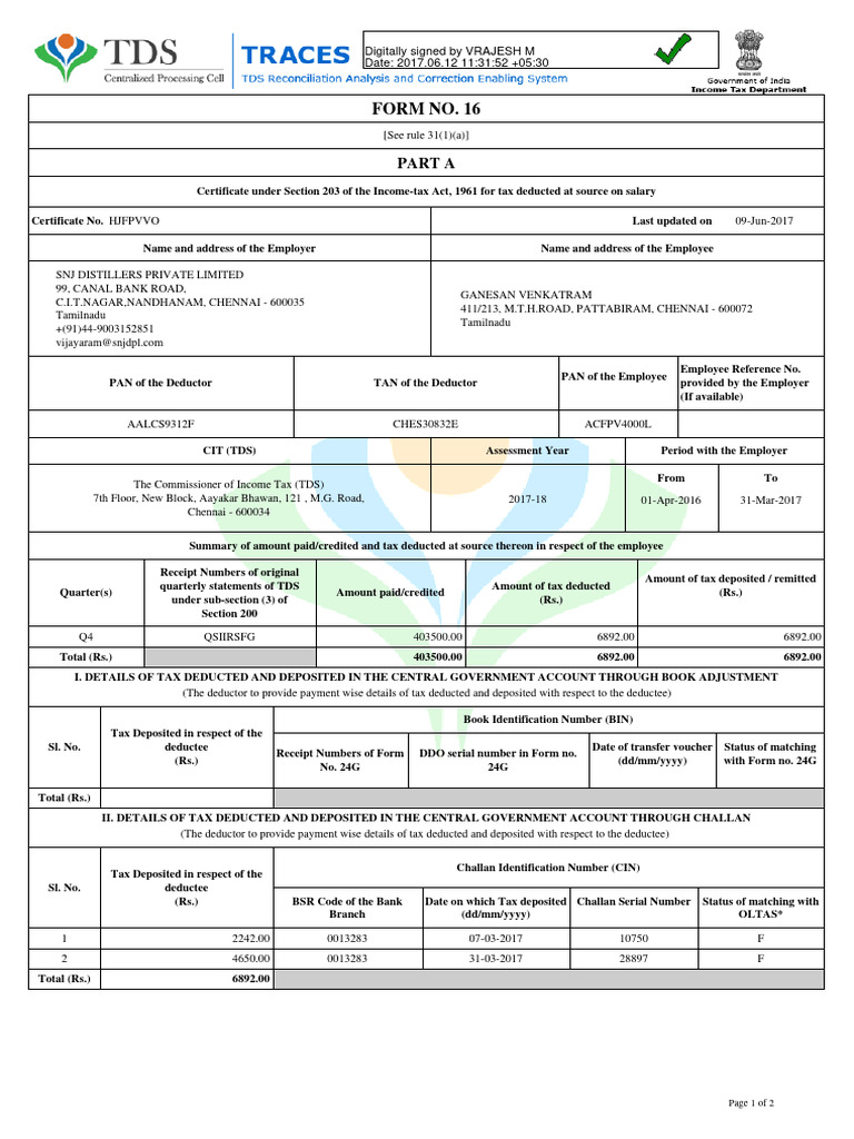 Form 16 TDS Certificate 2017-18 | PDF | Tax Deduction | Salary