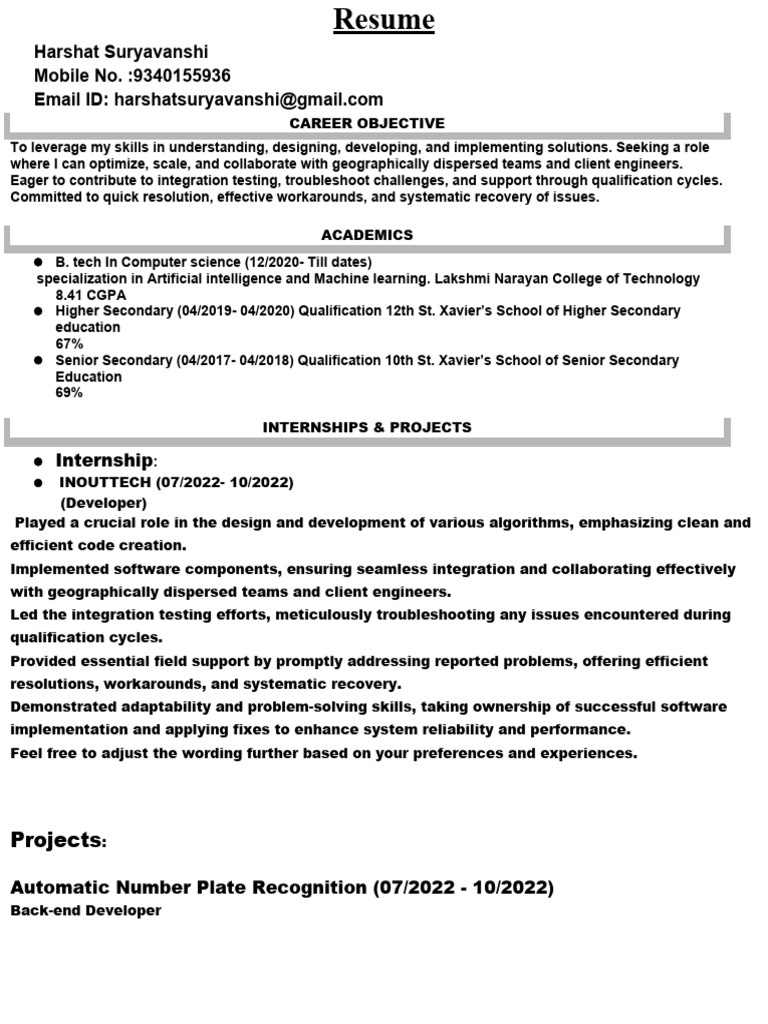 HCL Resume Format for Freshers | PDF