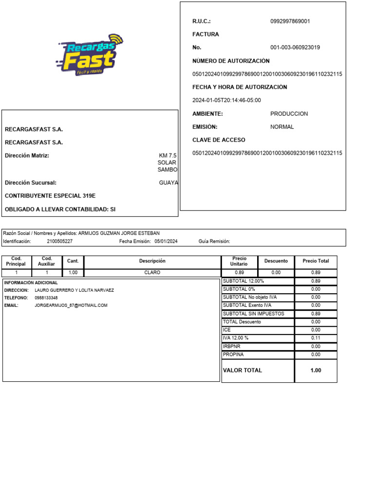 Factura Recarga Claro | PDF | Contabilidad | Documentos empresariales