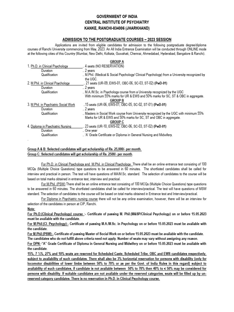 Notice For PH.D M.Phil. Clinical Psychology, M.Phil. PSW and DPN Course ...