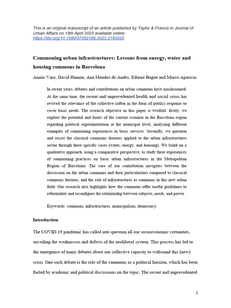 Commoning Urban Infrastructures Lessons From Energy, Water and | PDF ...