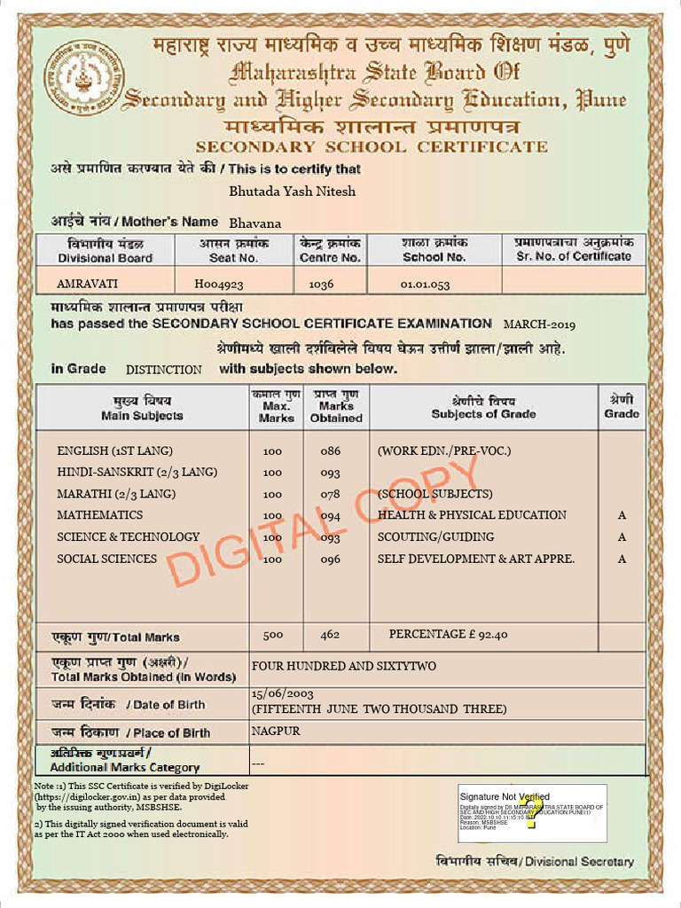 Class 10 Passing Certificate Details | PDF