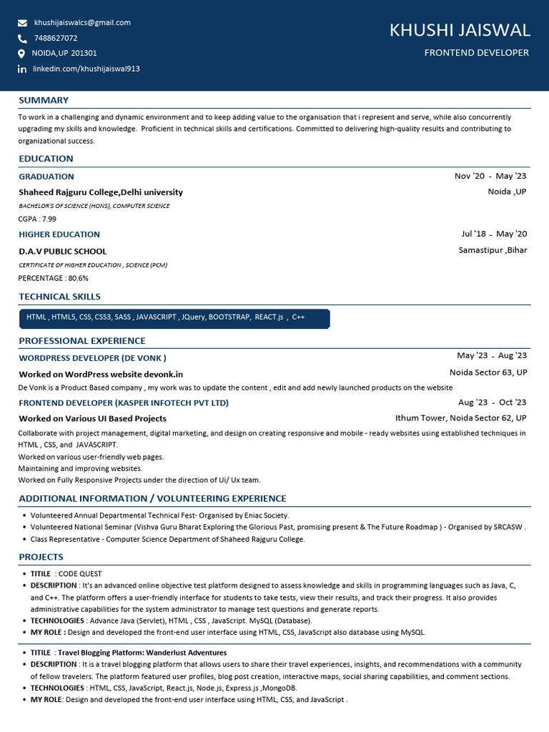 Khushi Jaiswal Resume Pdf Java Script Computer Engineering