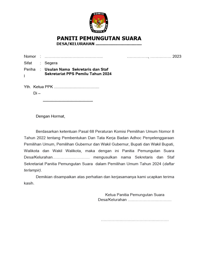 Templet Surat Usulan Penetapan Sekretariat PPS | PDF