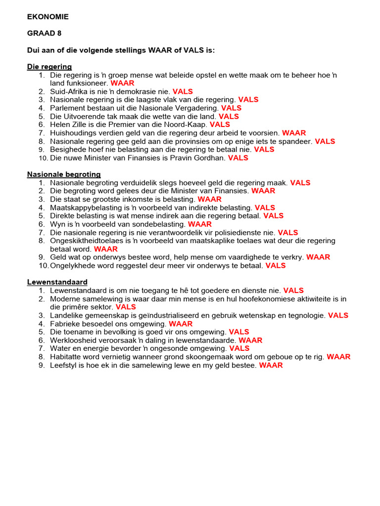 EBW Kwartaal 1 Ekonomie (3 Onderwerpe) | PDF