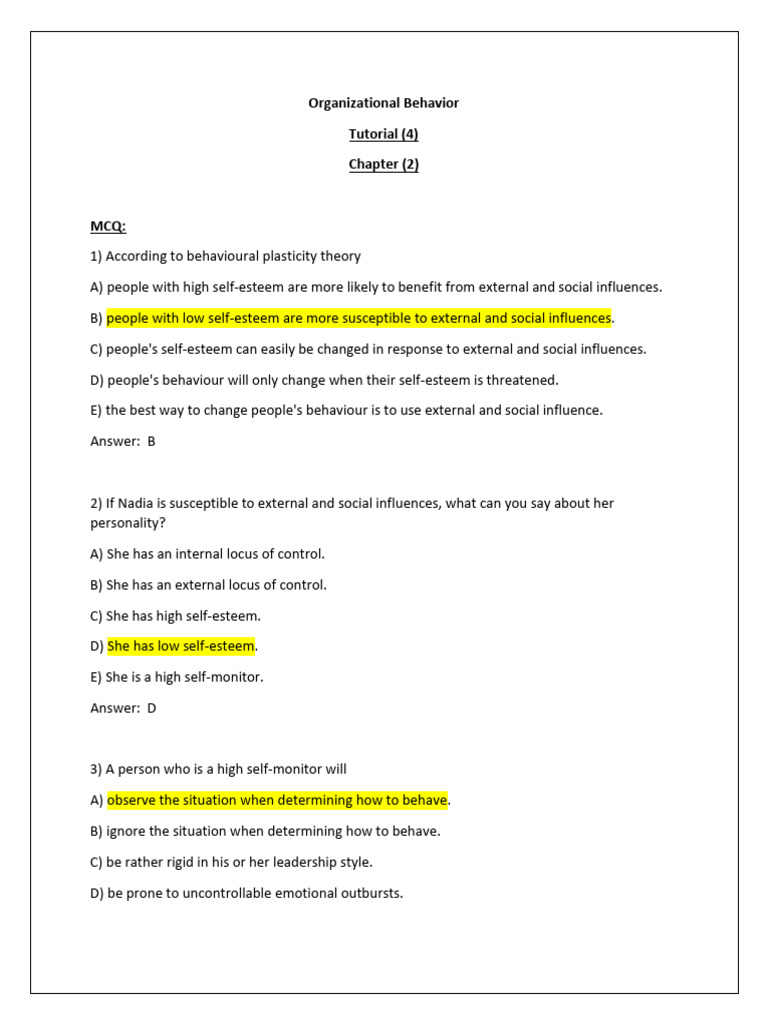 OB - Tutorial (4) With Answers | PDF | Self Esteem | Self Efficacy