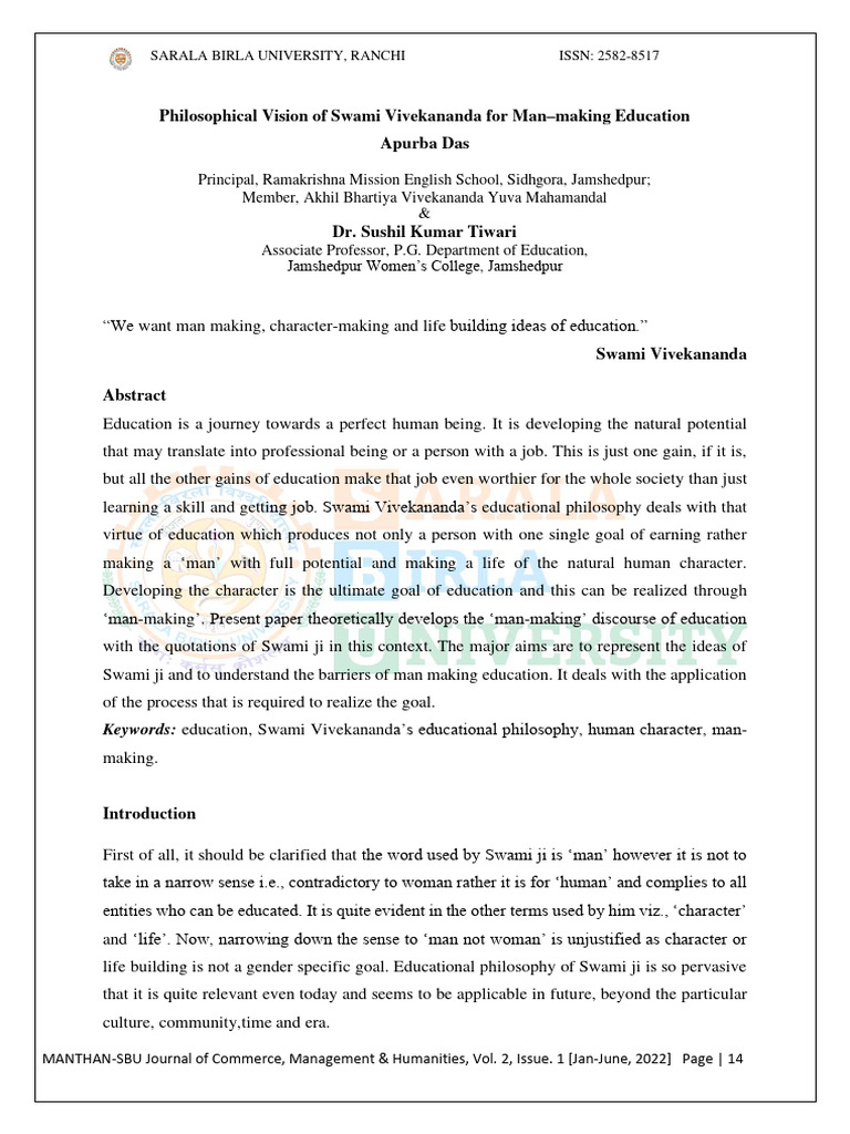 Philosophical Vision of Swami Vivekananda For Man-Making Education - Apurba Das & Dr. Sushil ...