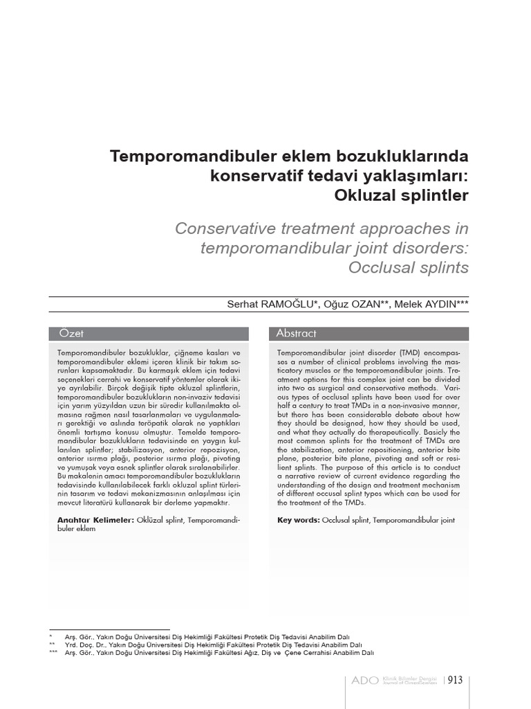Temporomandibuler Eklem Bozukluklar - Nda Konservatif Tedavi Yakla - Mlar - Okluzal Splintler ...