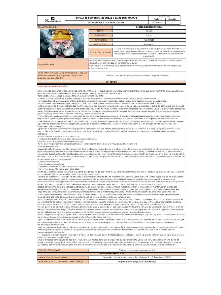 SST-F-26 Ficha Tecnica de Capacitacion Protec Res | PDF | Contaminación