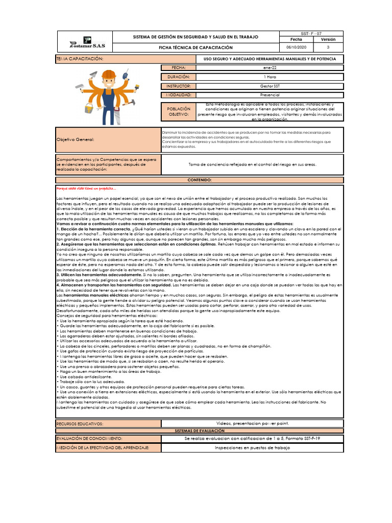 SST-F-26 Ficha Tecnica de Capacitacion Uso Seguro Herram | PDF | Herramientas | Martillo