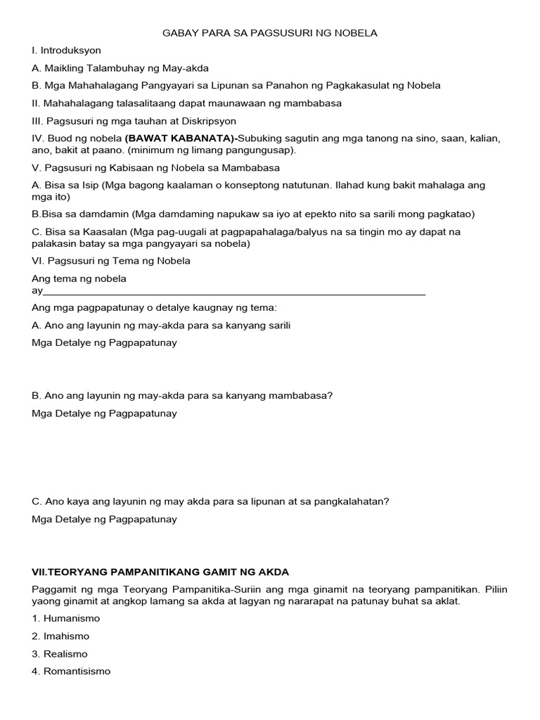 Gabay para Sa Pagsusuri NG Nobela | PDF