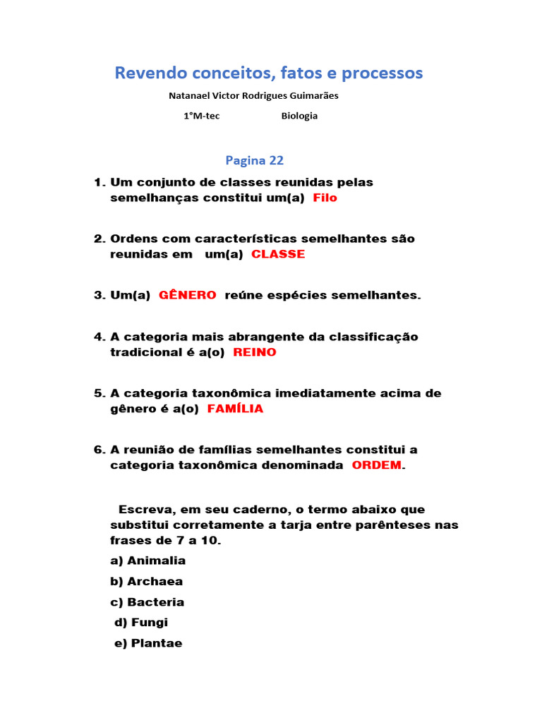 Revendo Conceitos, Fatos e Processos | PDF | Taxonomia (Biologia) | Gênero