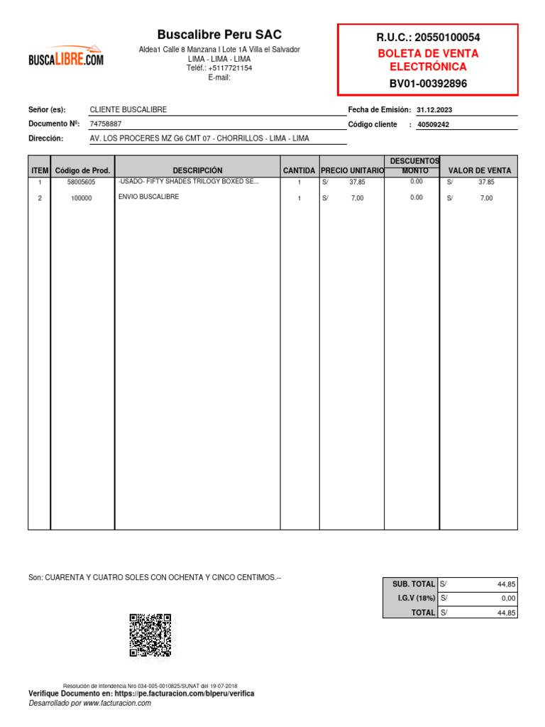 Boleta Electrónica de Buscalibre Perú | PDF