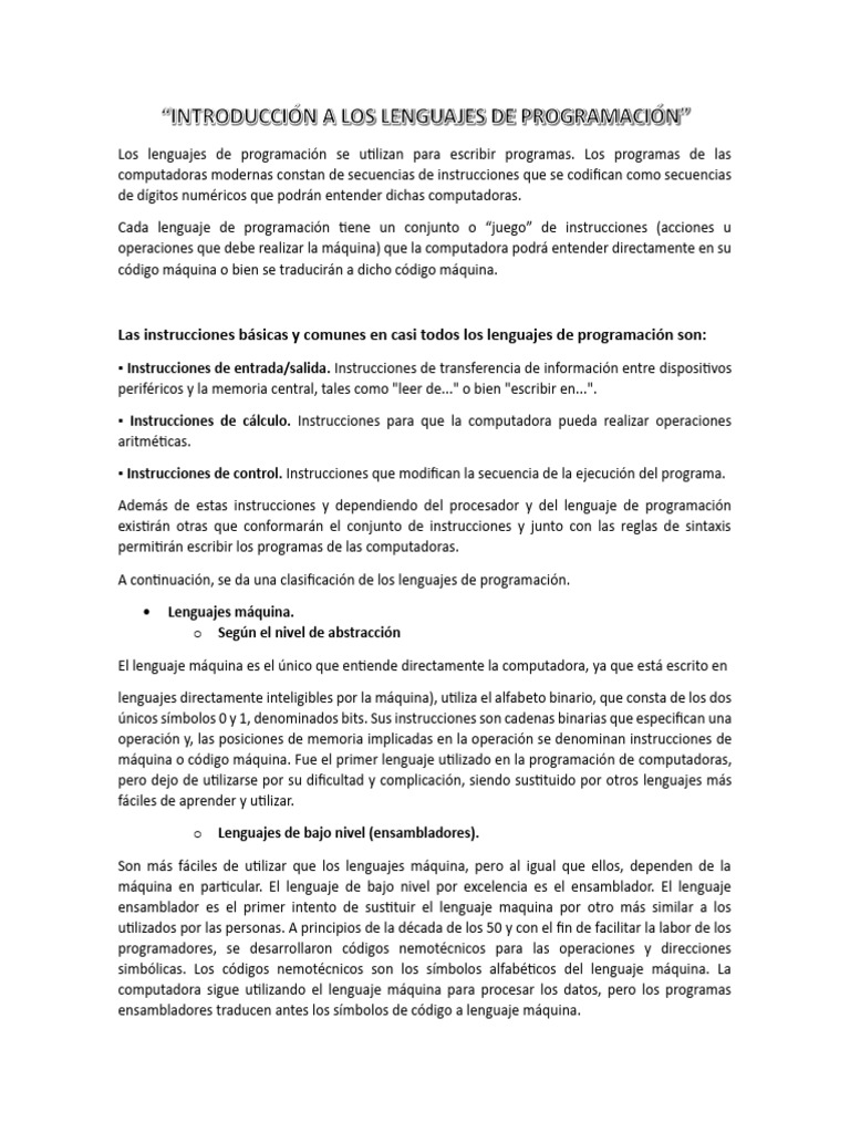 Introduccion A Los Lenguajes de Programacion | PDF | Lenguaje de programación | Programa de ...