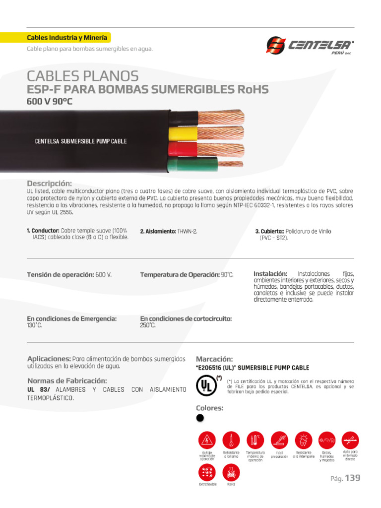 CABLES INDUSTRIA Y MINERIA CABLES PLANOS ESP F PARA BOMBAS SUMERGIBLES RoHS | PDF