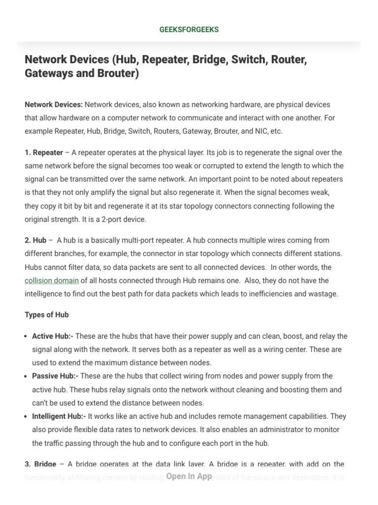 Network Devices (Hub, Repeater, Bridge, Switch, Router, Gateways | PDF | Network Switch ...