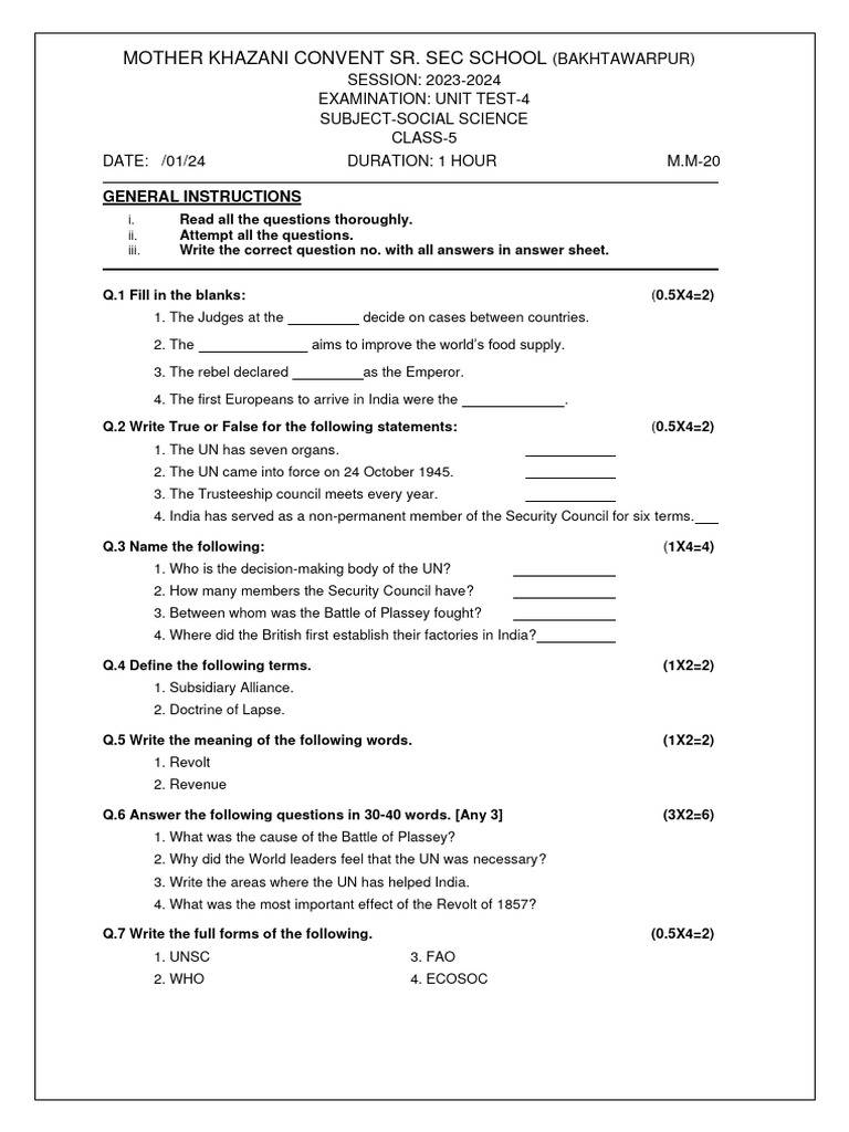 Class 5 SST Worksheet | PDF