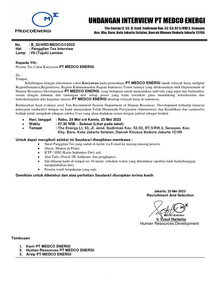 Undangan Interview Karyawan Medco Energi | PDF