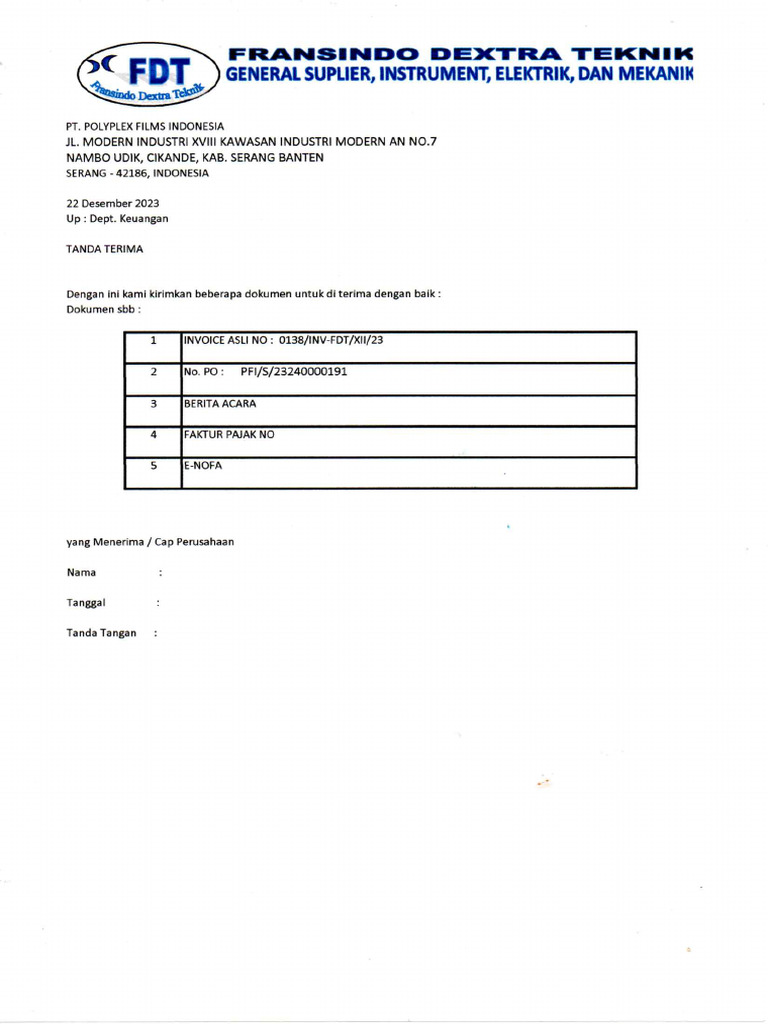 Inv 0138 Pt. Polyplex Films Indonesia - 22 Desember 2023 | PDF