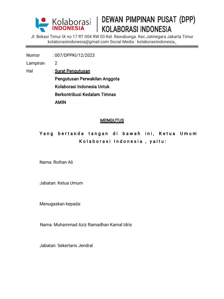 Surat Mandat KOLABORASI INDONESIA | PDF | Karier & Perkembangan