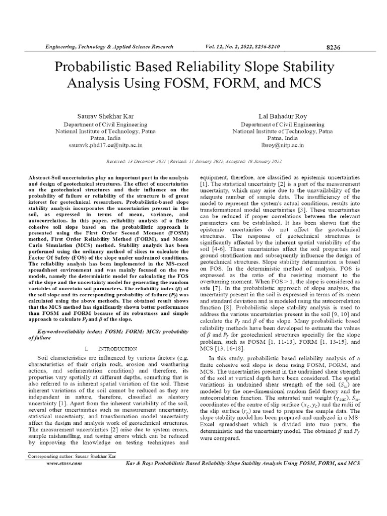 Probabilistic Based Reliability Slope Stability Analysis Using FOSM, FORM, and MCS | PDF