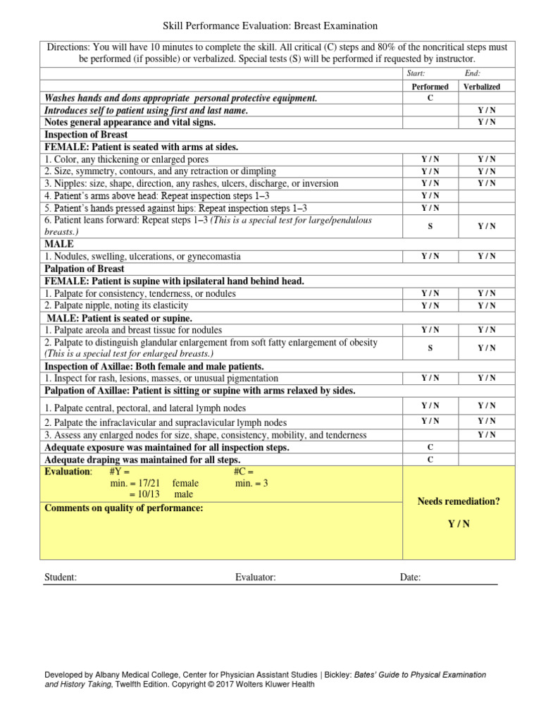 Breast Exam Skill Sheet | PDF | Breast | Physical Examination