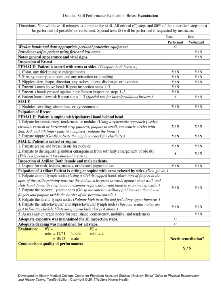 Breast Exam Detailed Skill Sheet | PDF | Breast | Physical Examination