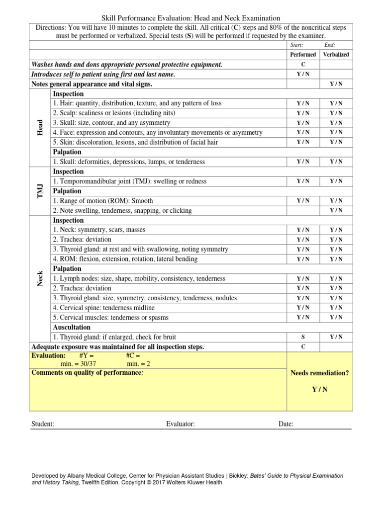 Head and Neck Exam Skill Sheet | PDF | Neck | Physical Examination