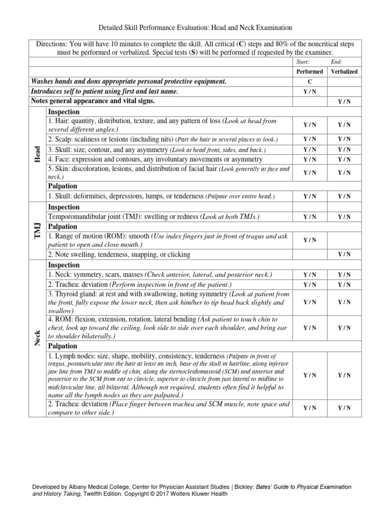 Head and Neck Exam Detailed Skill Sheet | PDF